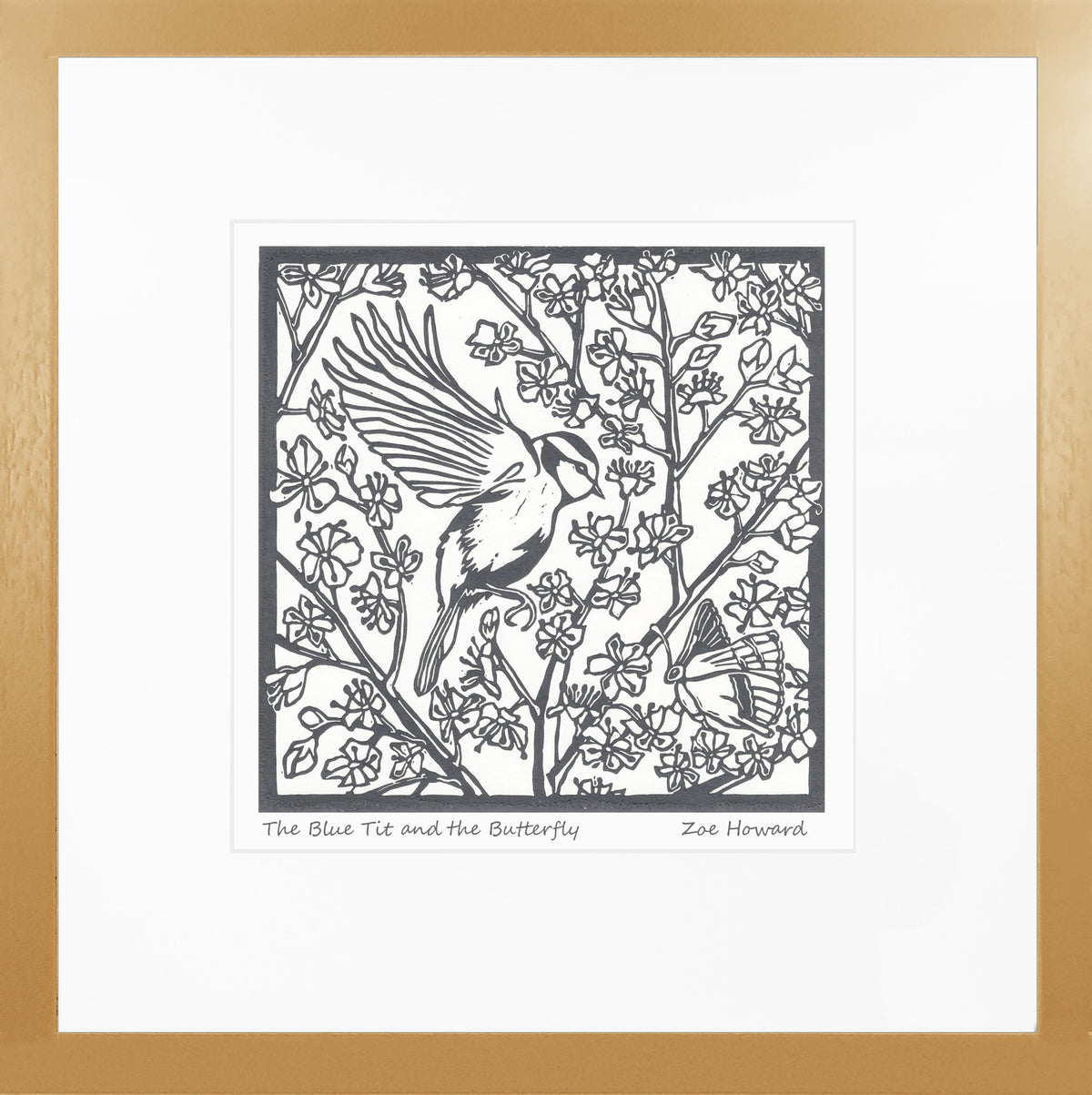 'The Blue Tit and the Butterfly' Original Linocut | Zoe Howard
